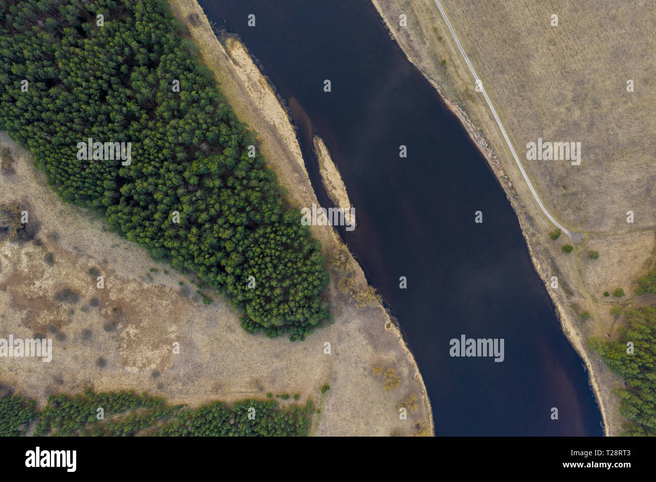 Aerial top view, countryside spring panorama of quiet river and forest ...