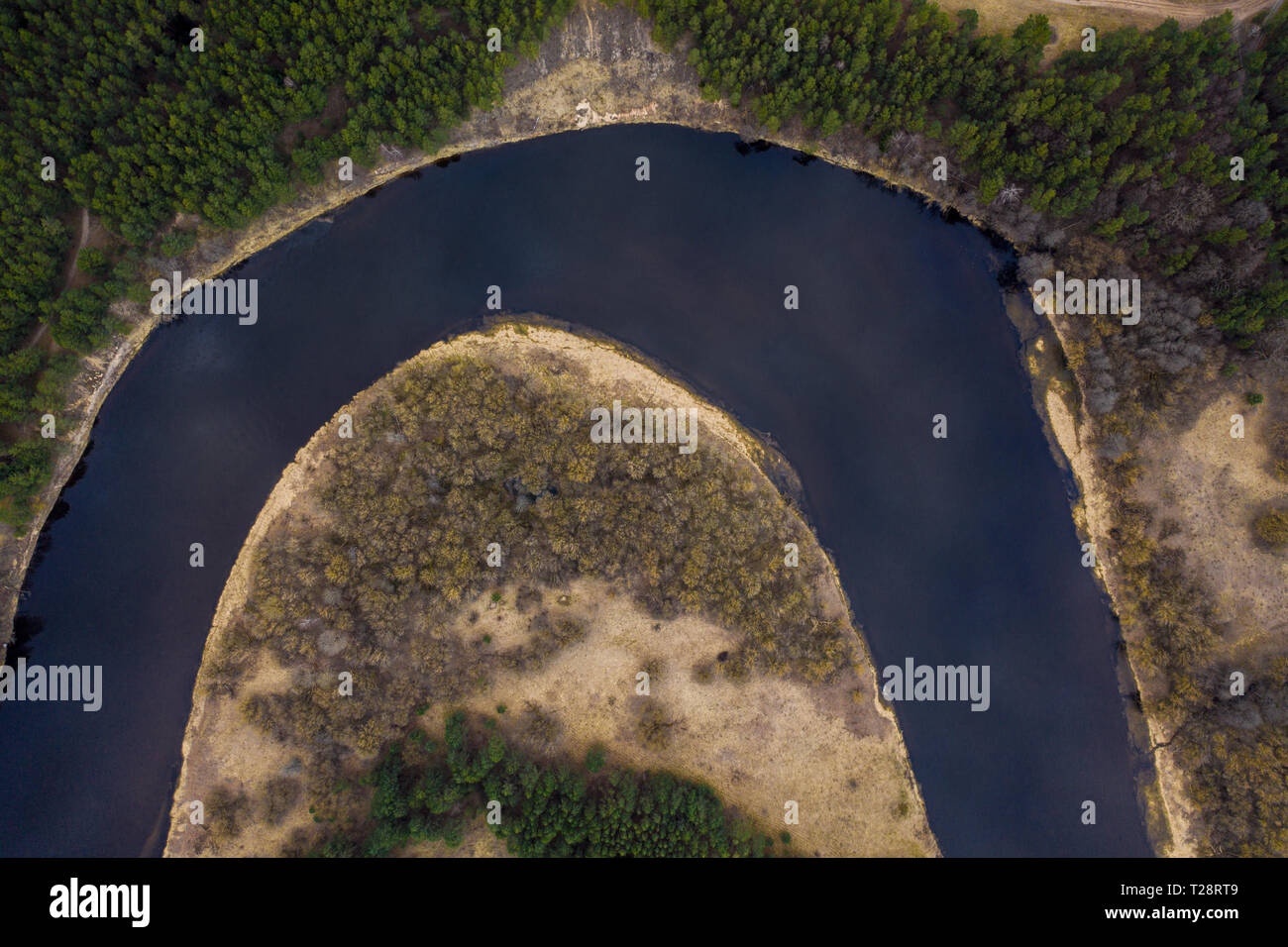 Aerial top view, countryside spring panorama of quiet river curve and ...