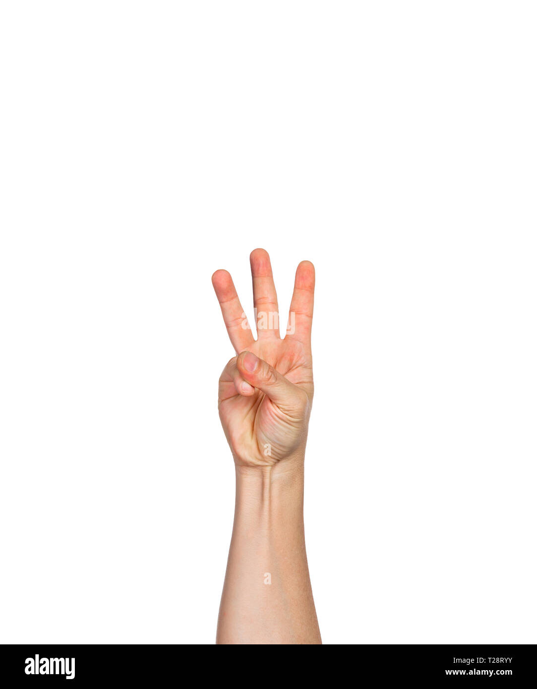 One male hand, fingers in fist with three finger pointing up, room for ...