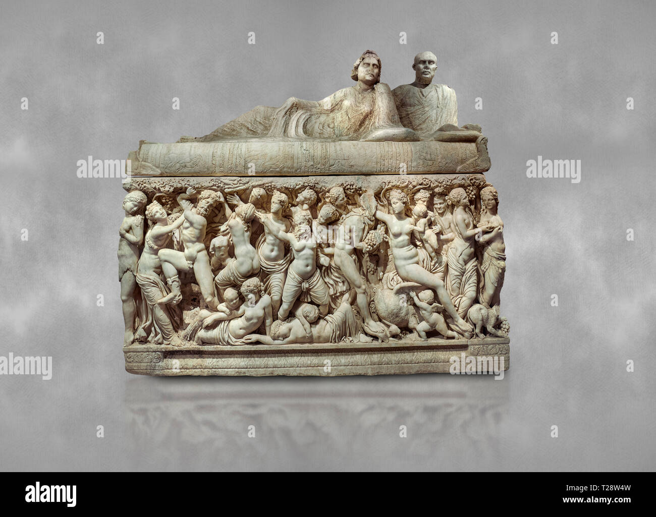 Roman relief sculpted sarcophagus depicting a scene with Dionysus made ...