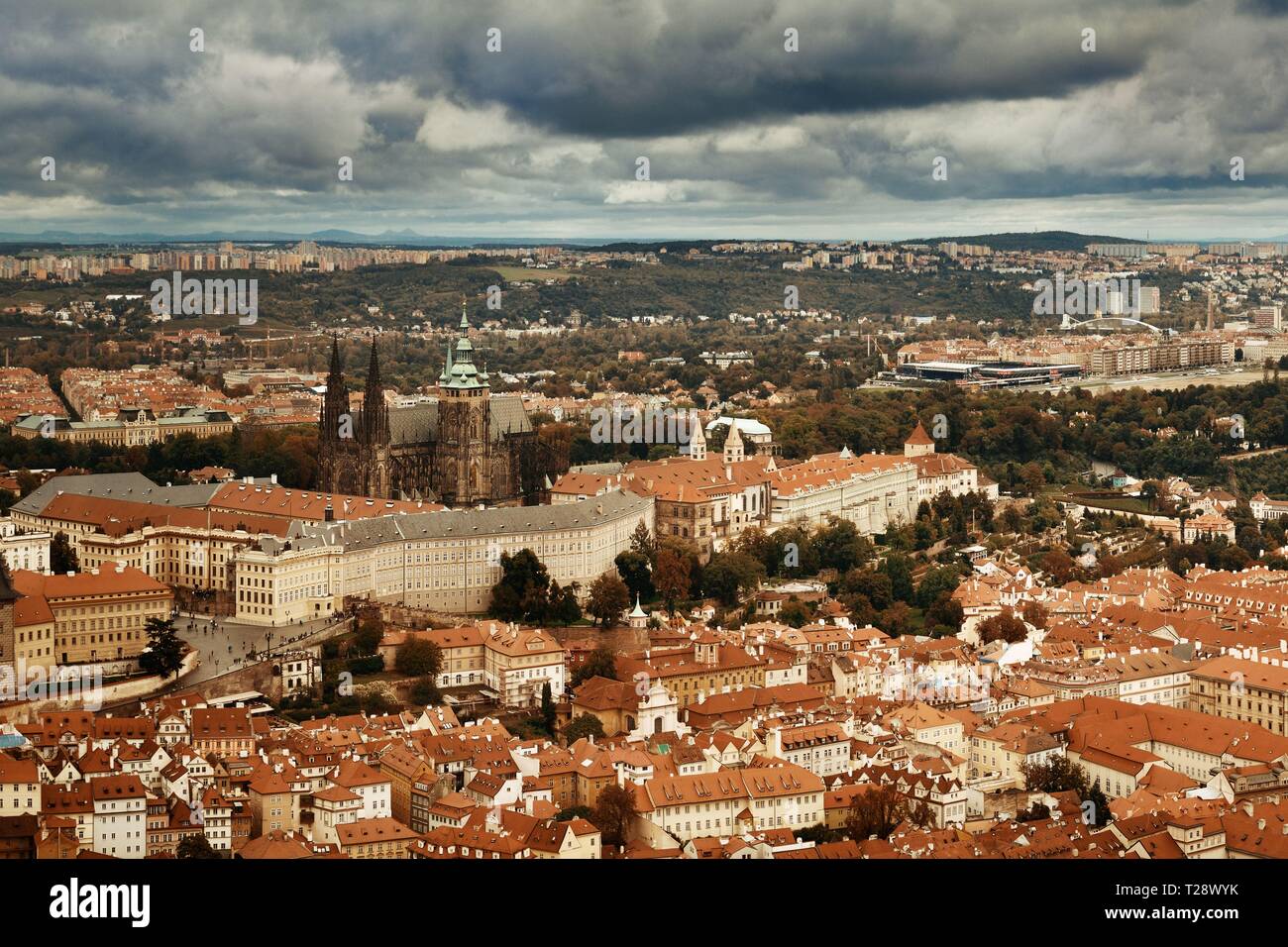 Prague skyline rooftop view with historical buildings in Czech Republic ...