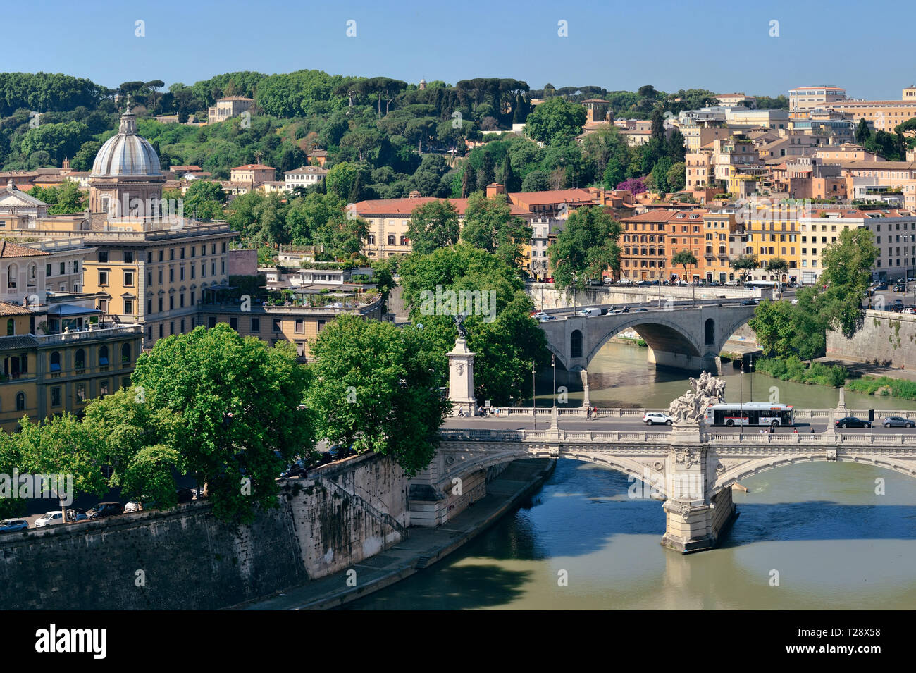 Rome aerial view with ancient architecture, bridge and River Tiber in ...