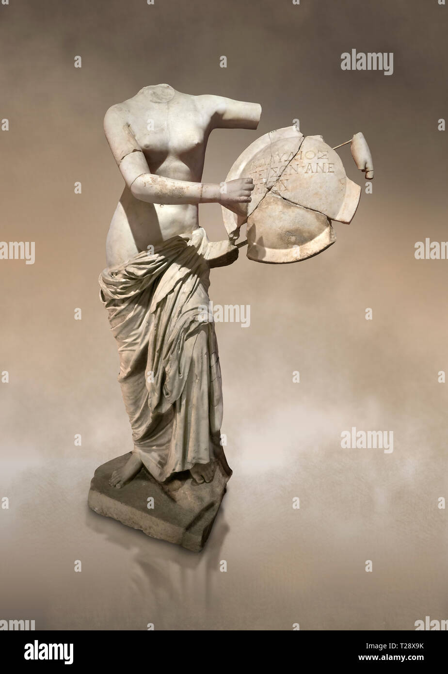 Roman statue of Aphrodite holding a shield. Marble. Perge. 2nd century ...