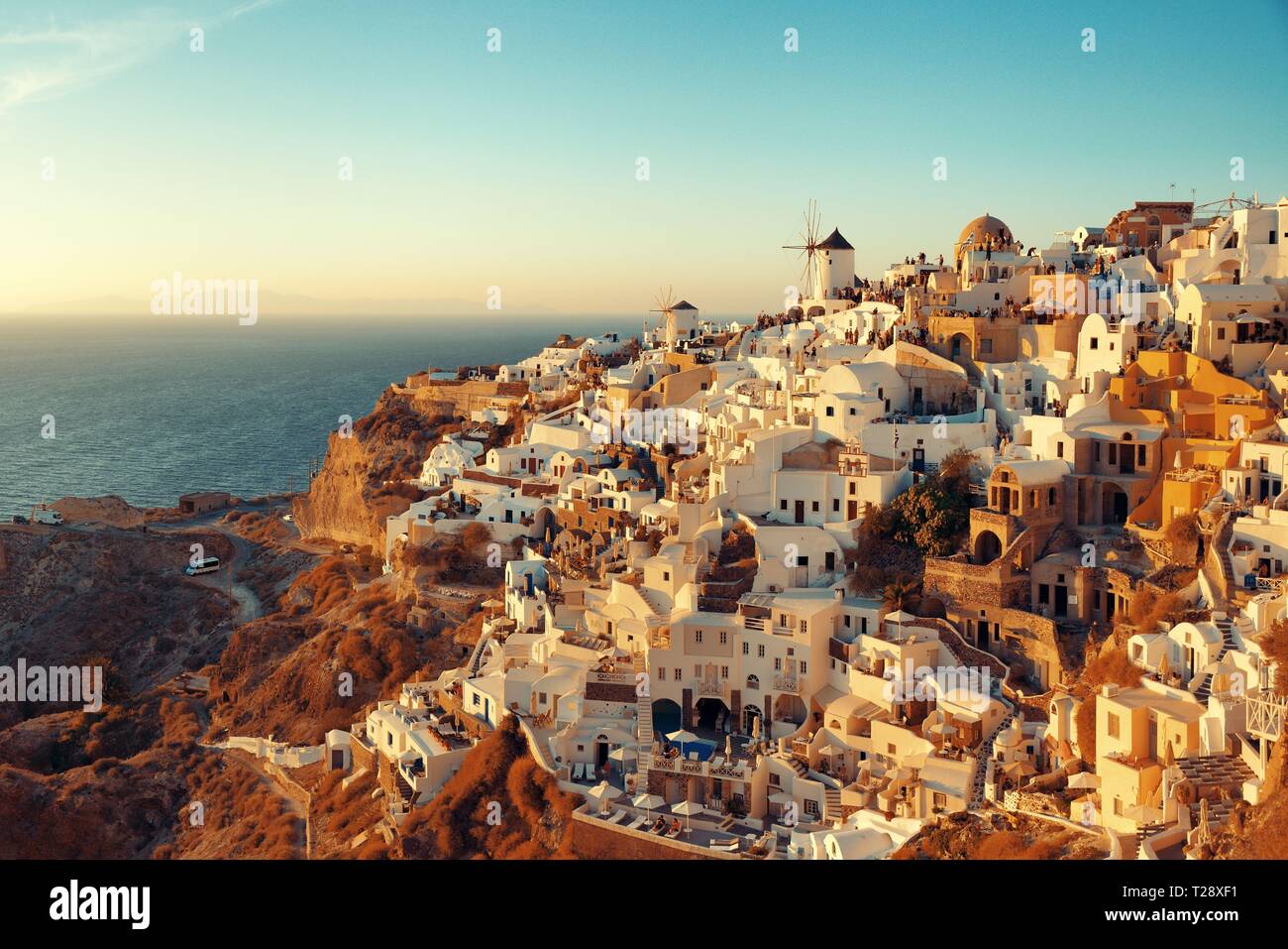 Santorini skyline sunset with buildings in Greece Stock Photo - Alamy