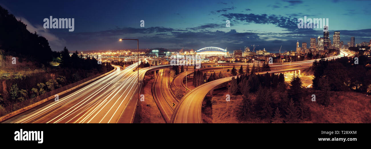 Seattle city view with urban architecture and traffic light trail Stock ...