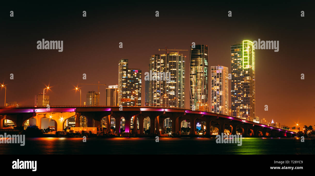 Miami Skyline At Night Neon