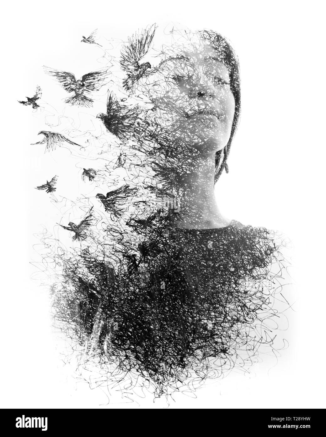 Portrait photography blends with artwork creating a dreamy mood Stock ...