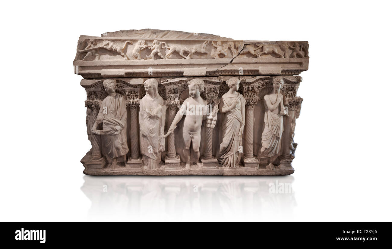 Roman relief sculpted sarcophagus with kline couch lid, "Columned ...