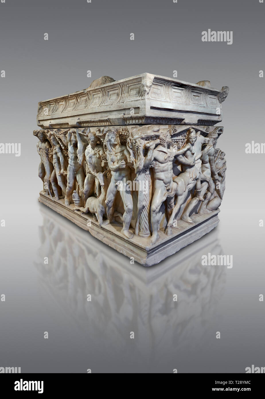 Roman relief sculpted Hercules sarcophagus with kline couch lid ...