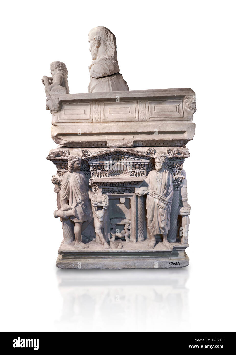 End panel of a Roman relief sculpted sarcophagus with kline couch lid ...