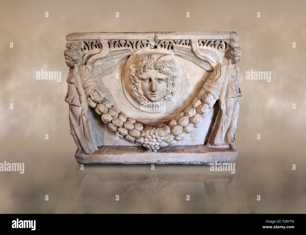 End panel of a Roman relief garland sculpted sarcophagus, style typical ...