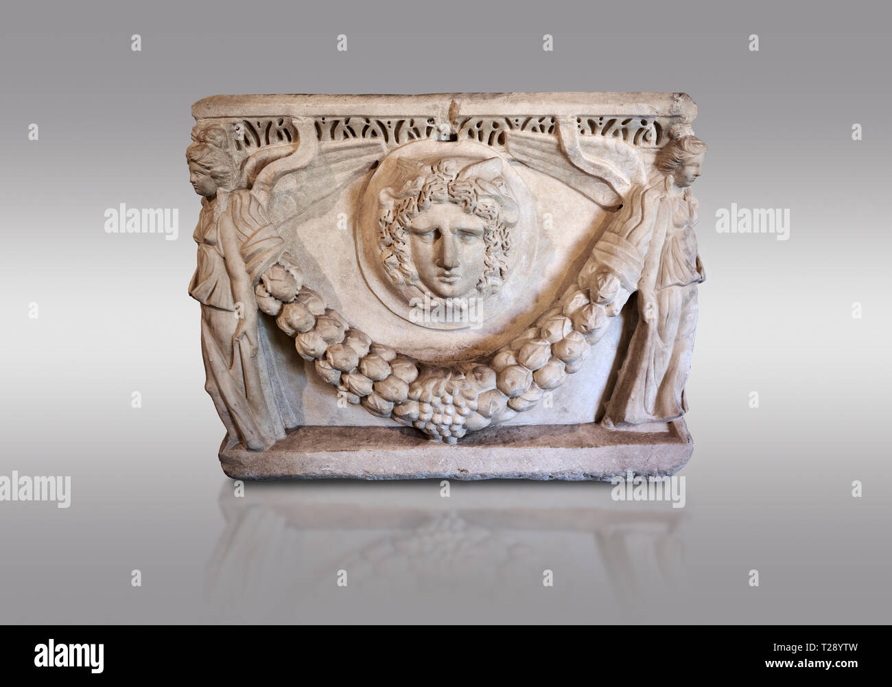 End panel of a Roman relief garland sculpted sarcophagus, style typical ...