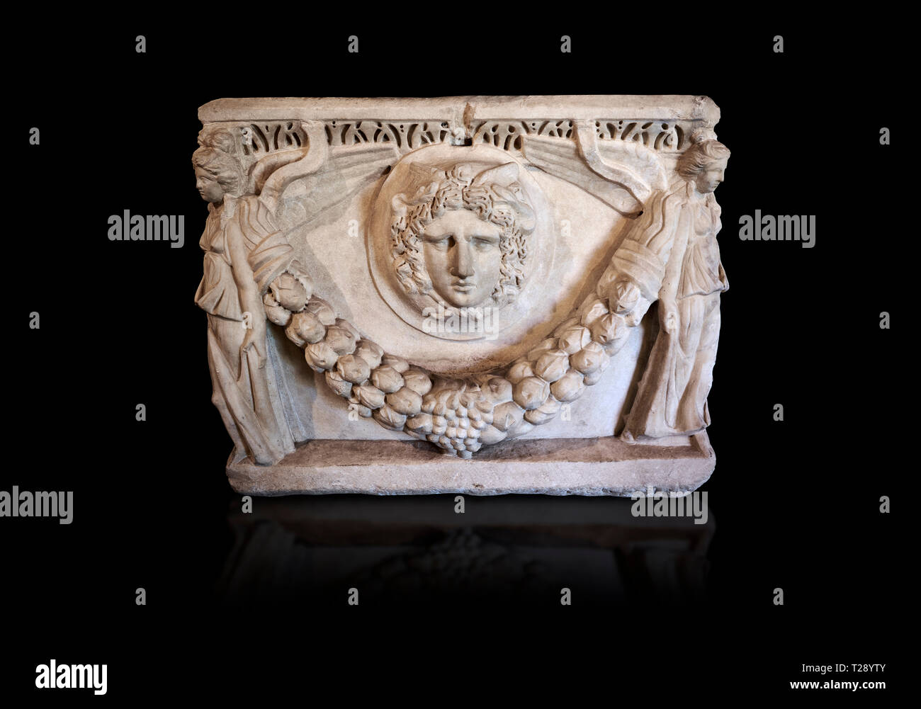 End panel of a Roman relief garland sculpted sarcophagus, style typical ...