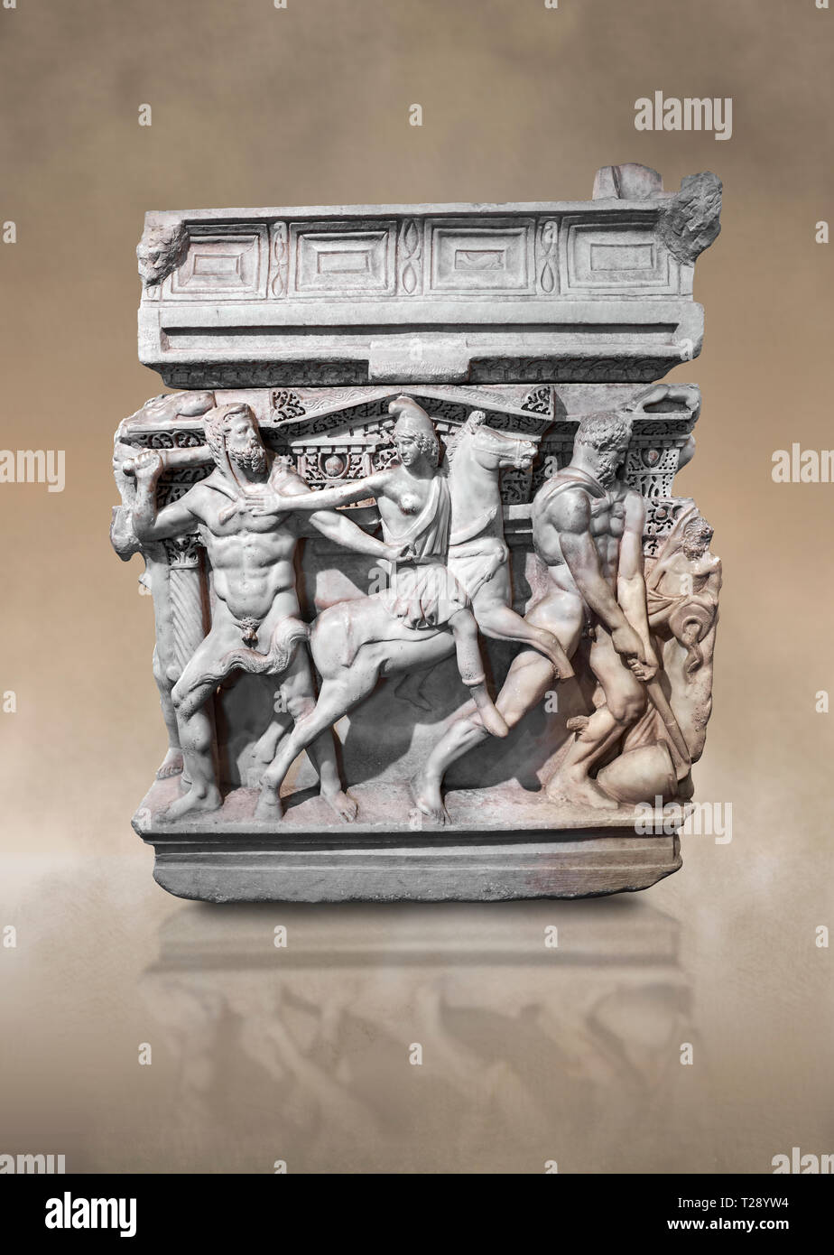 End panel of a Roman relief sculpted Hercules sarcophagus with kline ...