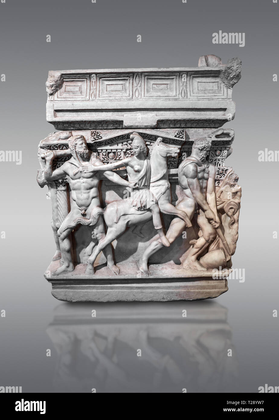 End panel of a Roman relief sculpted Hercules sarcophagus with kline ...