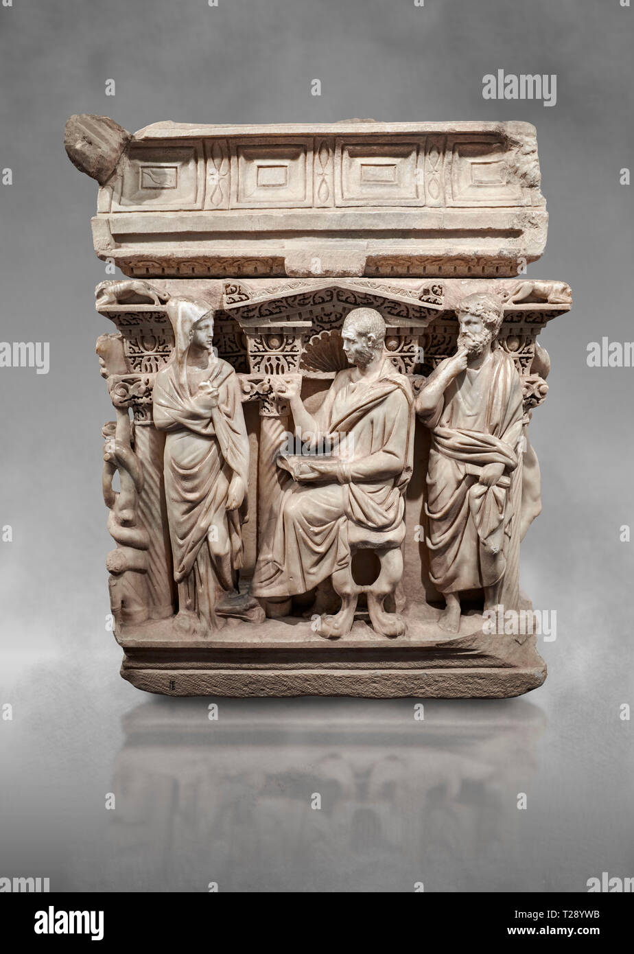 End panel of a Roman relief sculpted Hercules sarcophagus with kline ...