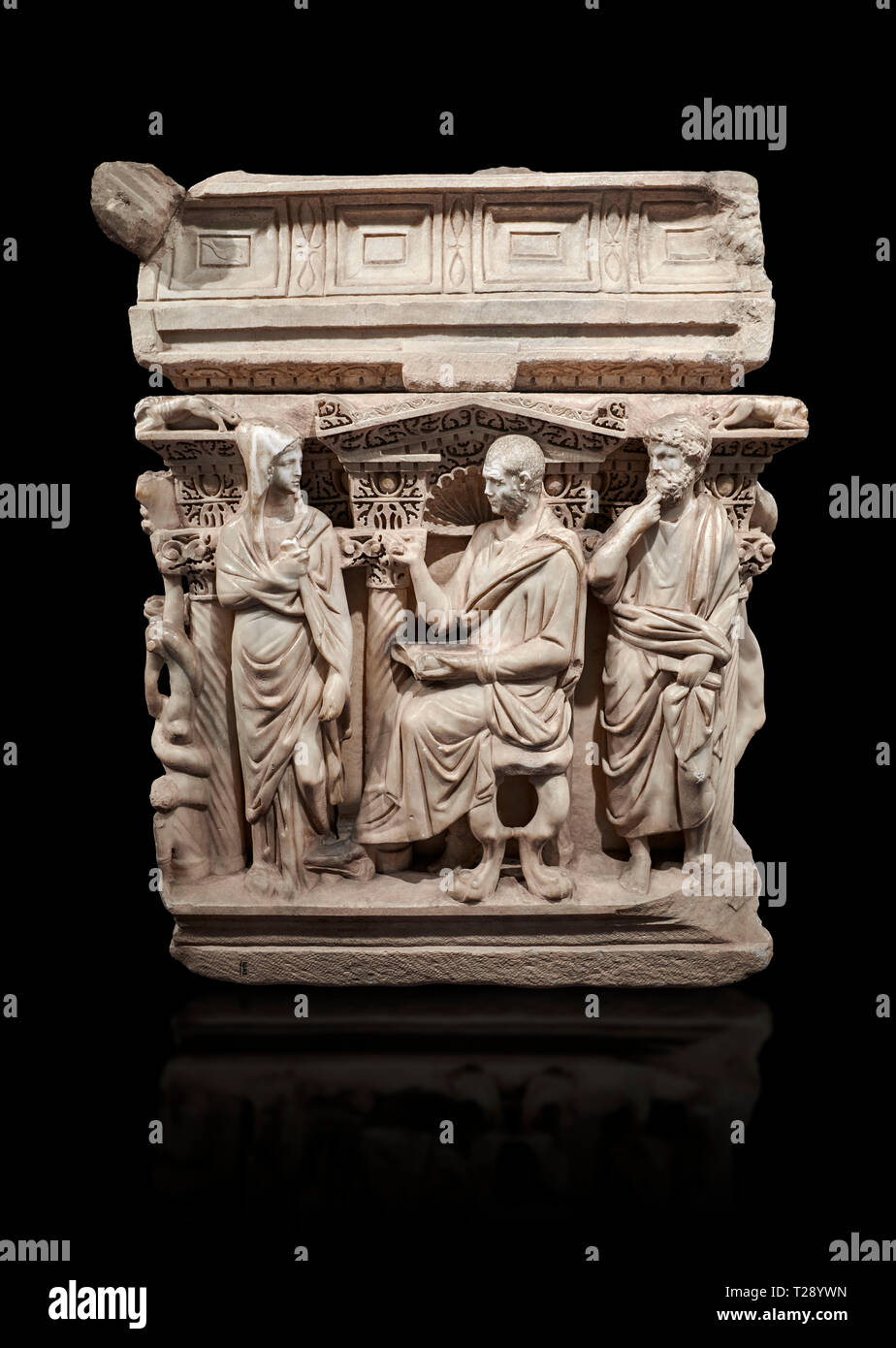 End panel of a Roman relief sculpted Hercules sarcophagus with kline ...