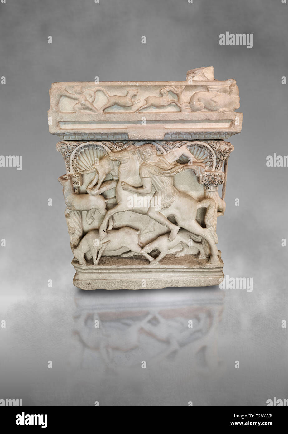 End panel of a Roman relief sculpted sarcophagus with kline couch lid ...