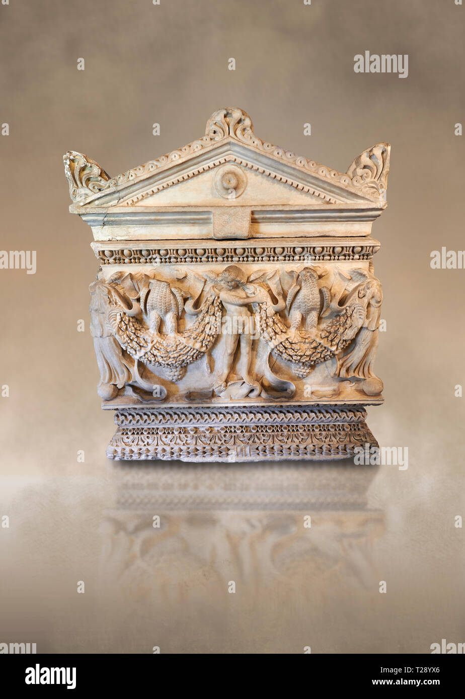 End panel of a Roman relief garland sculpted sarcophagus, style typical ...