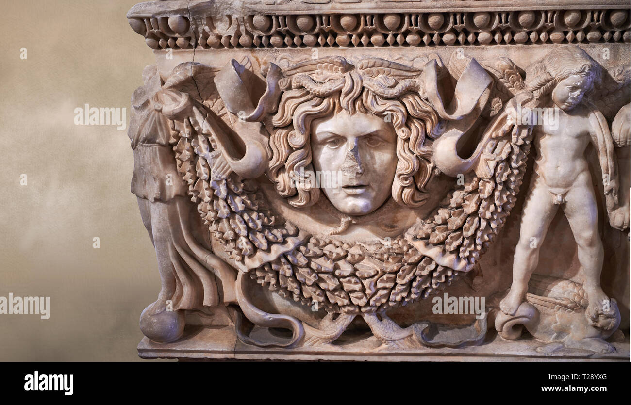 Roman relief garland sculpted sarcophagus, style typical of Pamphylia ...