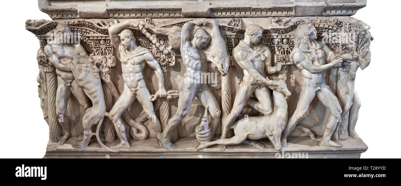 Close up of a side of a Roman relief sculpted Hercules sarcophagus with ...