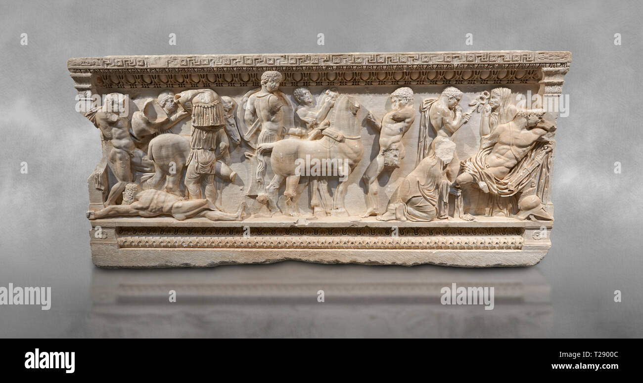 Roman relief sculpted sarcophagus of Achilles from Attica. This side ...