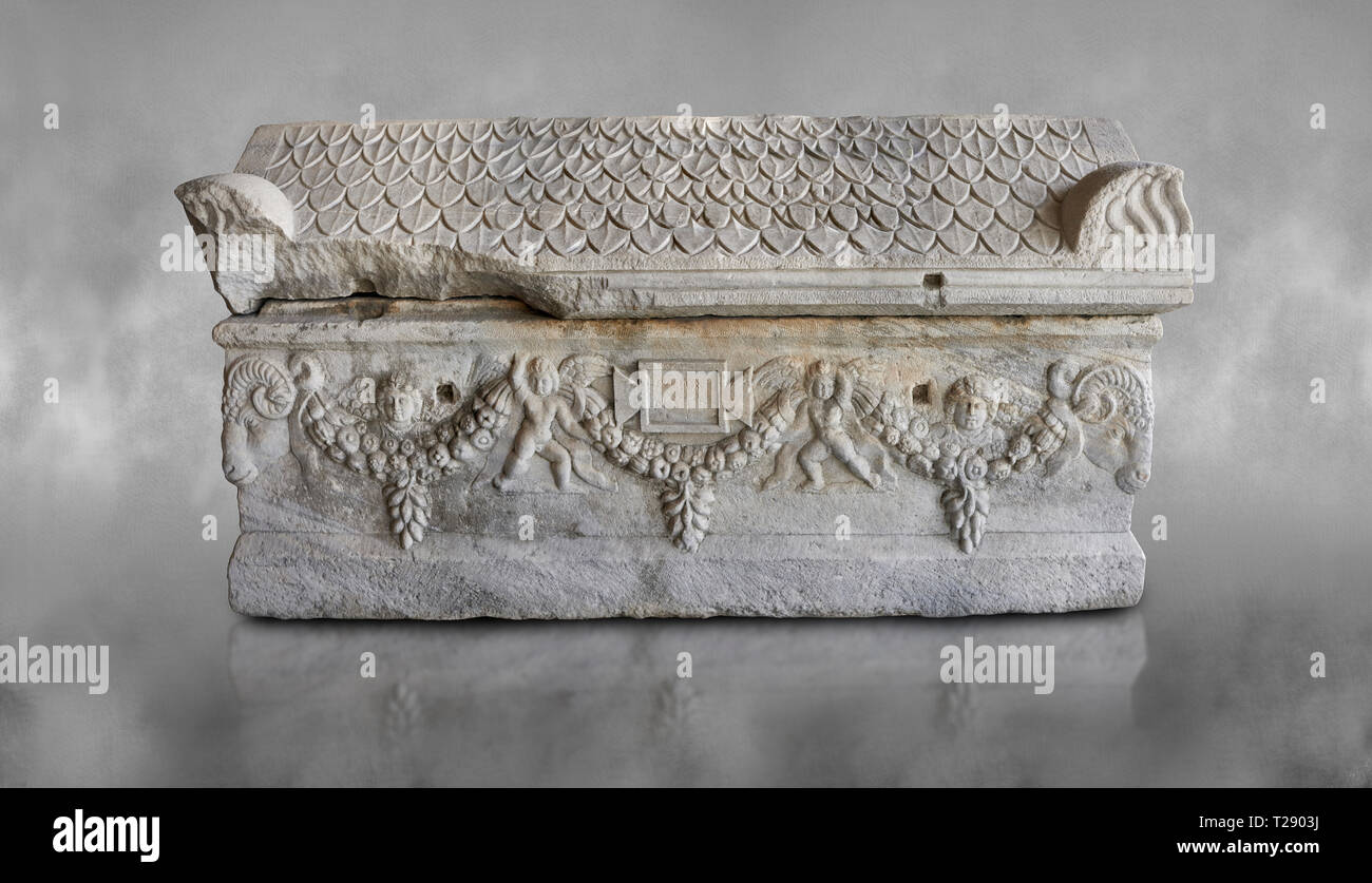 Roman relief sculpted garland sarcophagus with pitched tile sculpted ...
