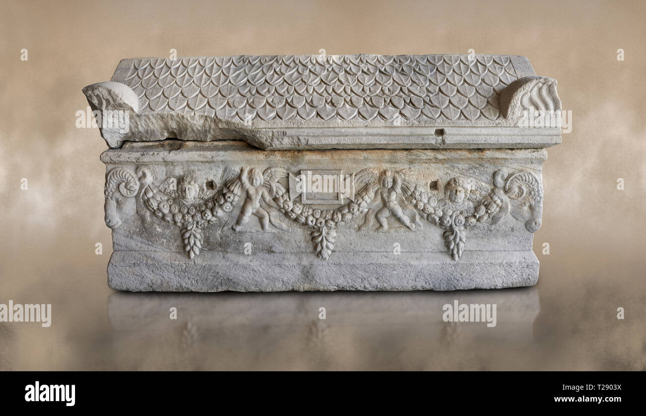 Roman relief sculpted garland sarcophagus with pitched tile sculpted ...
