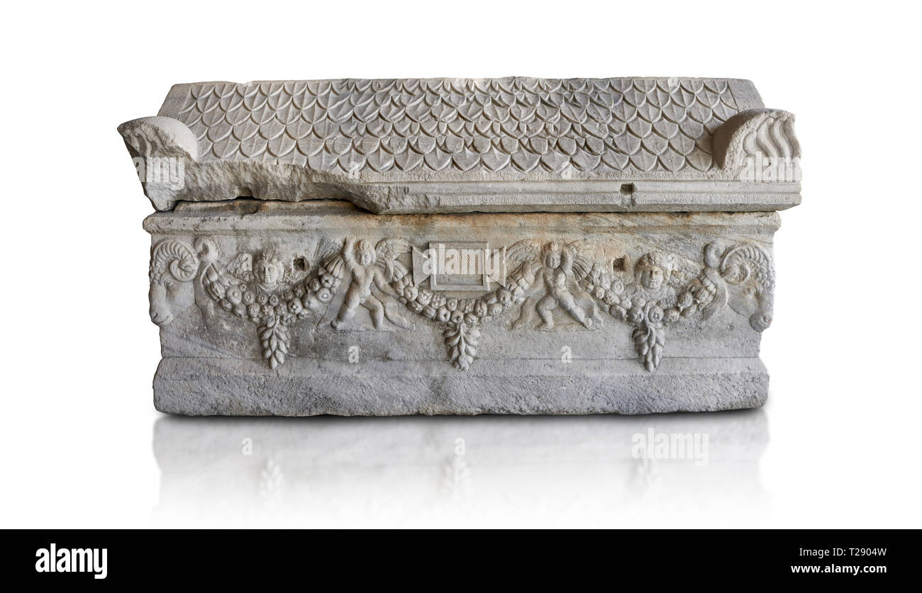 Roman relief sculpted garland sarcophagus with pitched tile sculpted ...