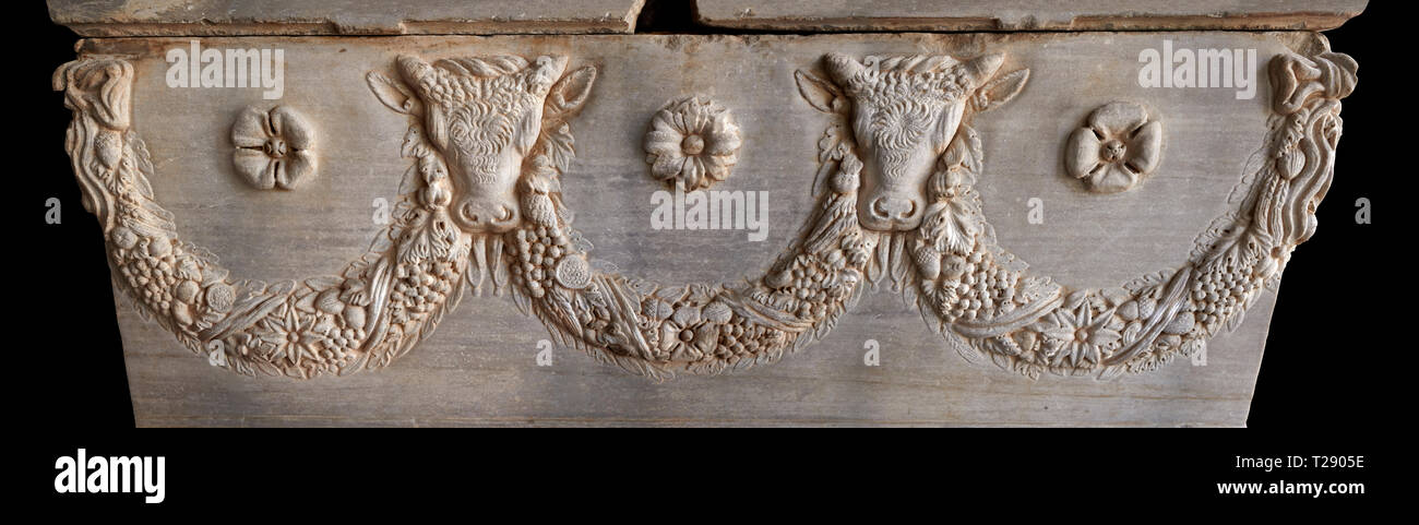 Roman relief sculpted garland sarcophagus with reliefs of bulls heads ...