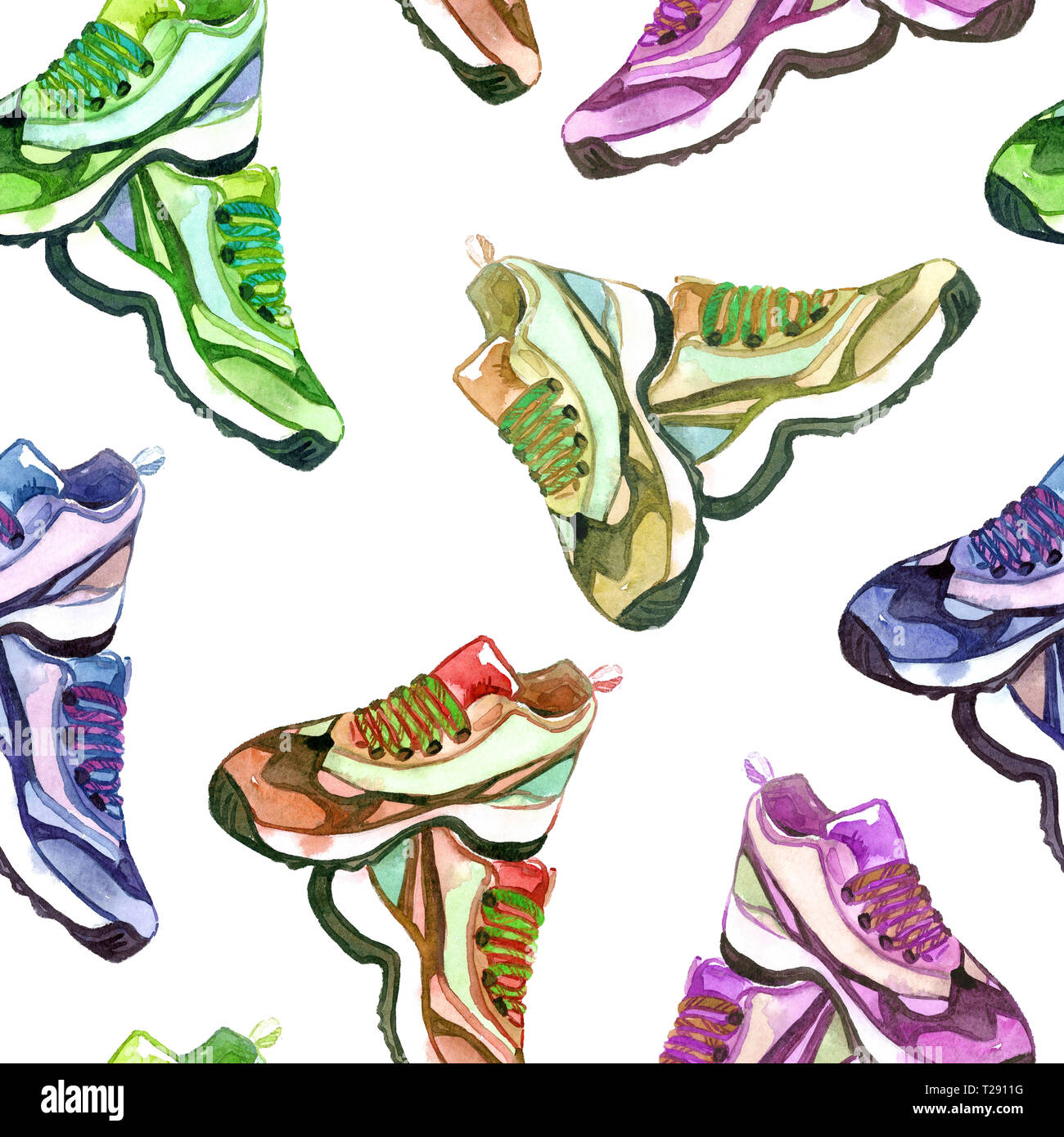 Pair of colorful modern trainers, hand painted watercolor illustration ...
