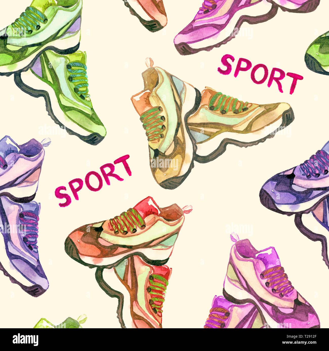 Pair of colorful modern trainers, hand painted watercolor illustration ...