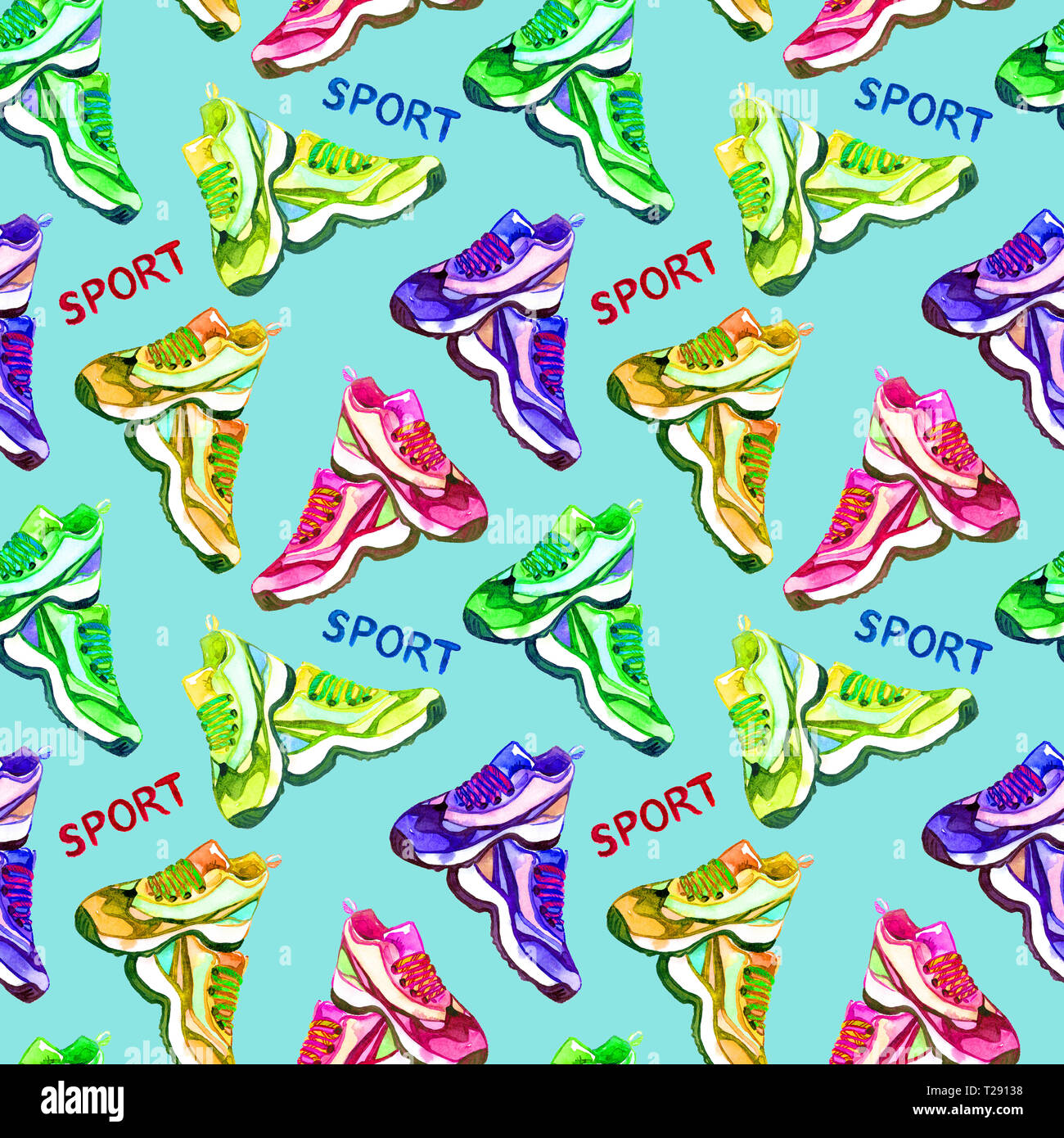 Pair of colorful modern trainers, hand painted watercolor illustration ...