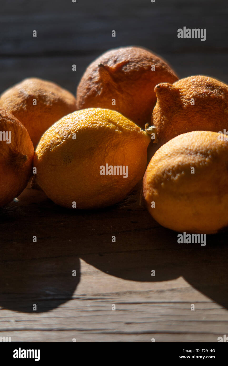 a bunch of old lemons laid out on a table Stock Photo - Alamy