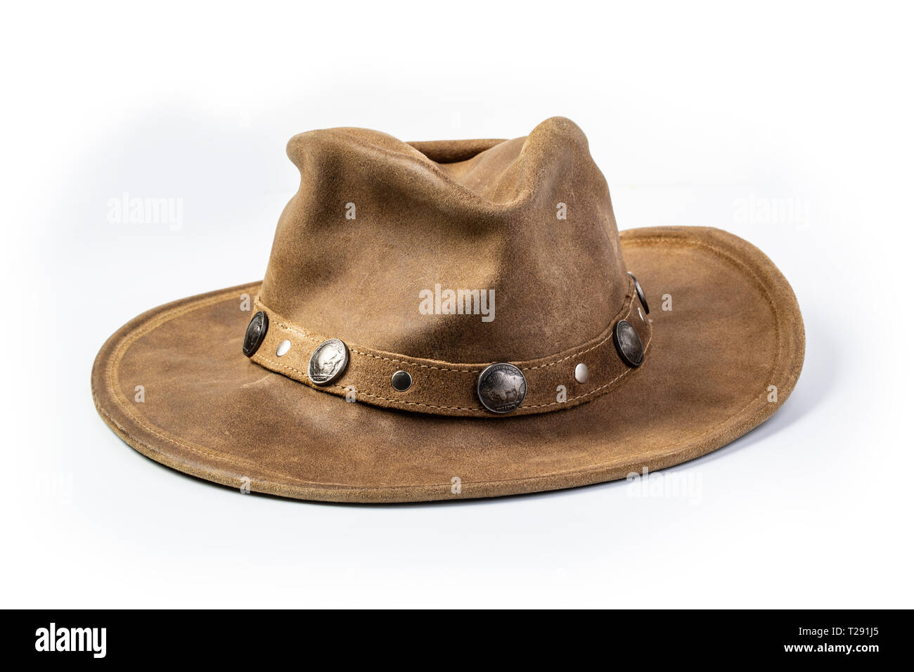 beige cowboy hat, decorated of five cents coins isolated on a white ...