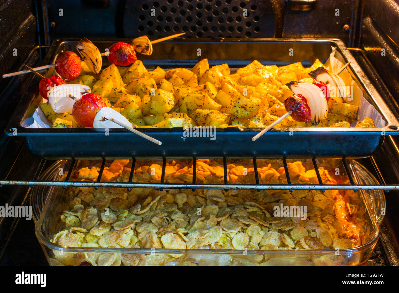 baked potatoes and corn flakes, soy sauce turkey meat. with cooked ...