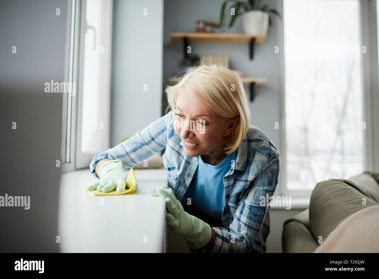 Woman dusting window hi-res stock photography and images - Alamy
