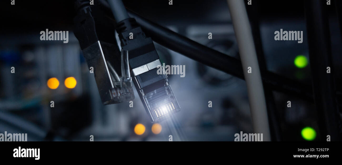 Website Header. Lan connectore close up. Datacenter server room ...