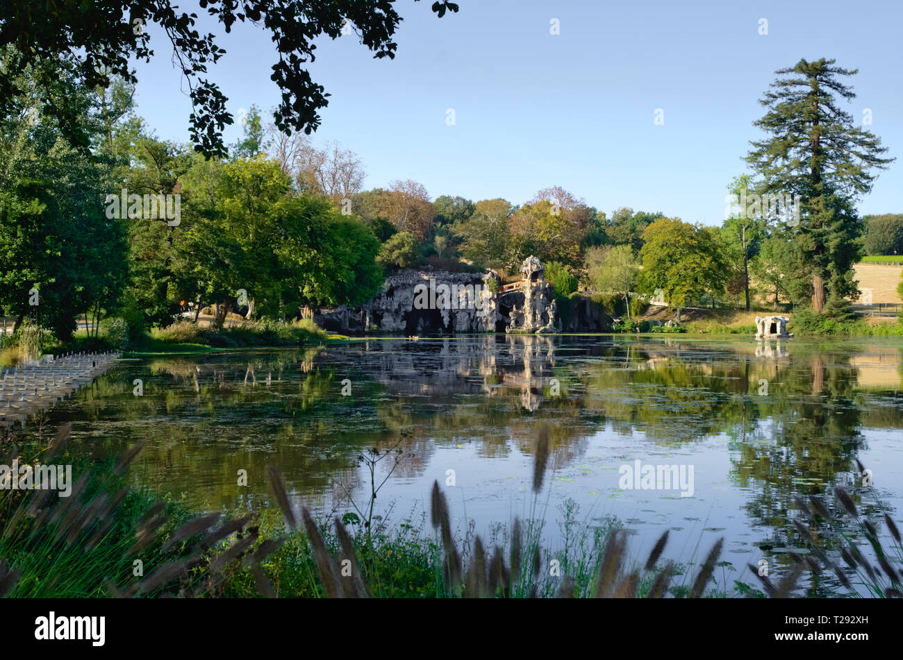 Lake and caves inside the park of Majolan, Blanquefort, France Stock ...
