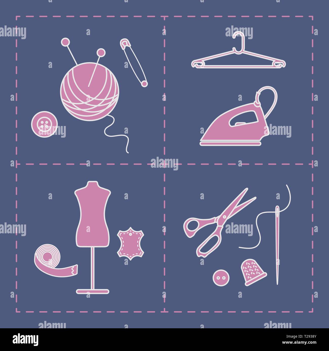 Vector illustration with tools, accessories for sewing. Buttons, clew ...