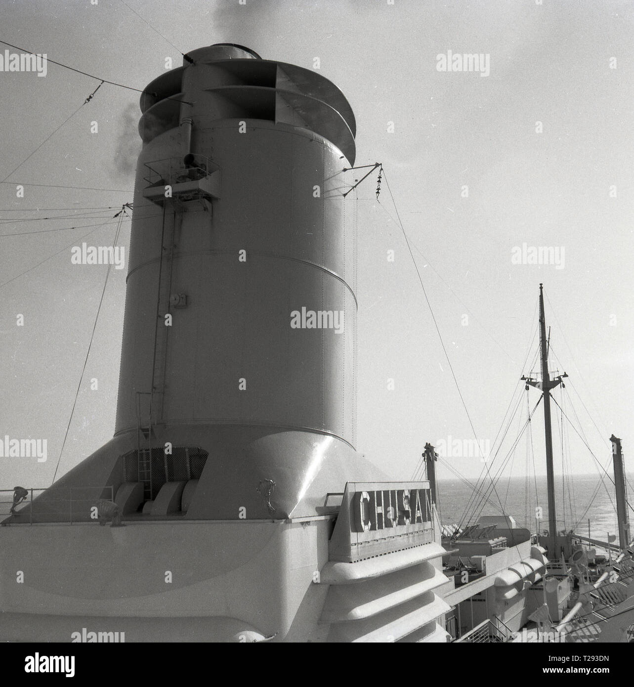 1950s, a funnel on the P & O ship, the SS Chusan cruising the Norweigan ...