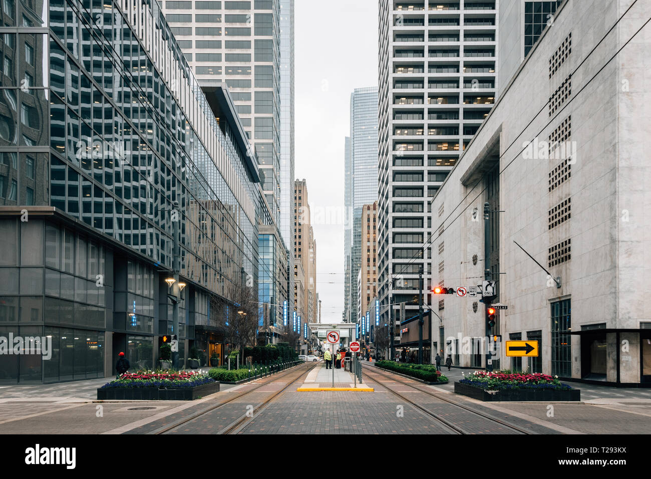 Modern buildings and light rail tracks along Main Street, in Houston ...