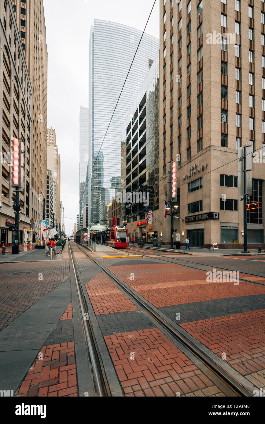 Modern buildings and light rail tracks along Main Street, in Houston ...