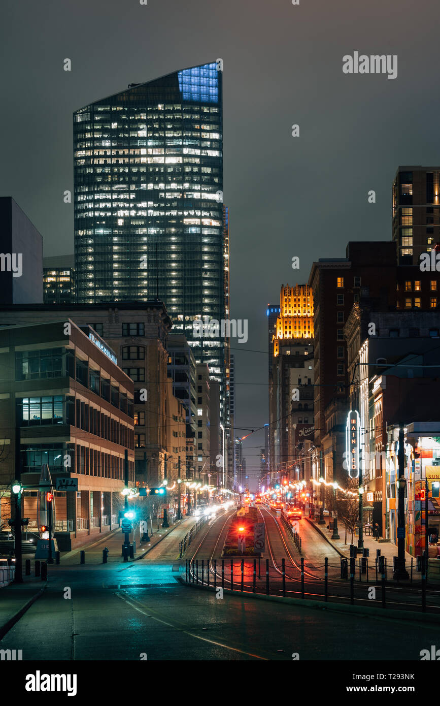 Cityscape view of Main Street at night, in Houston, Texas Stock Photo ...