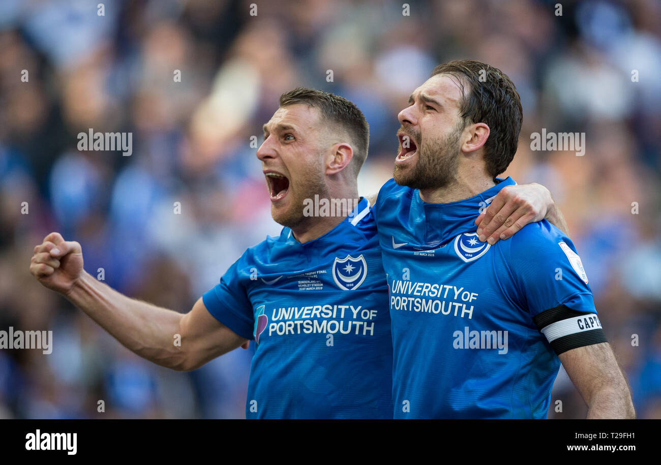 Lee Brown (left) & Brett Pitman of Portsmouth celebrate at full time ...