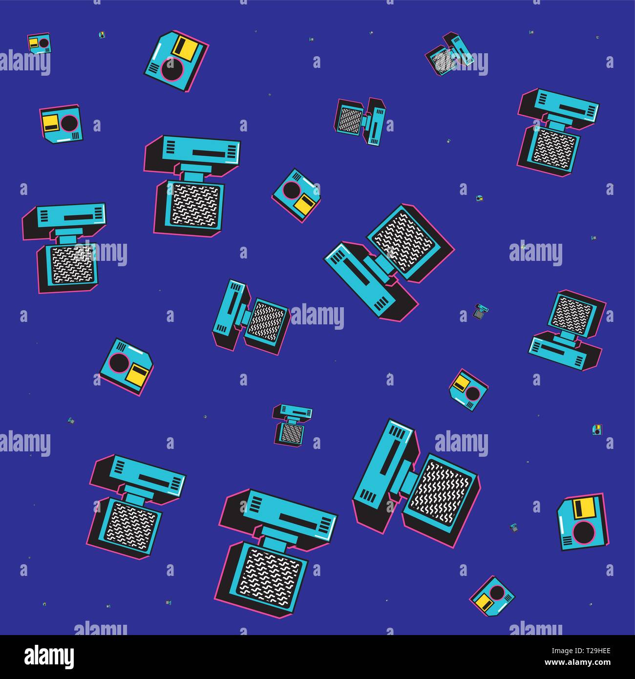 pattern computers desk and floppy of nineties retro vector illustration ...