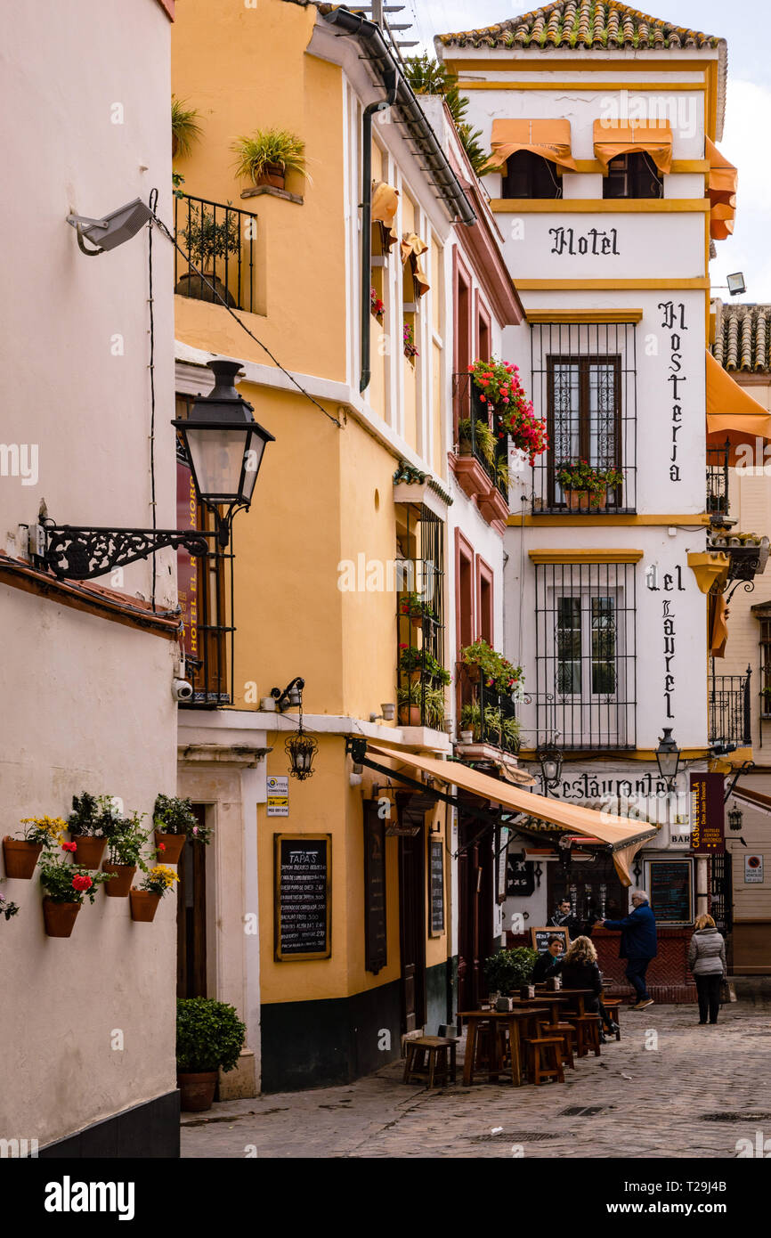 pedestrian street and cafe in Seville Spain Stock Photo - Alamy