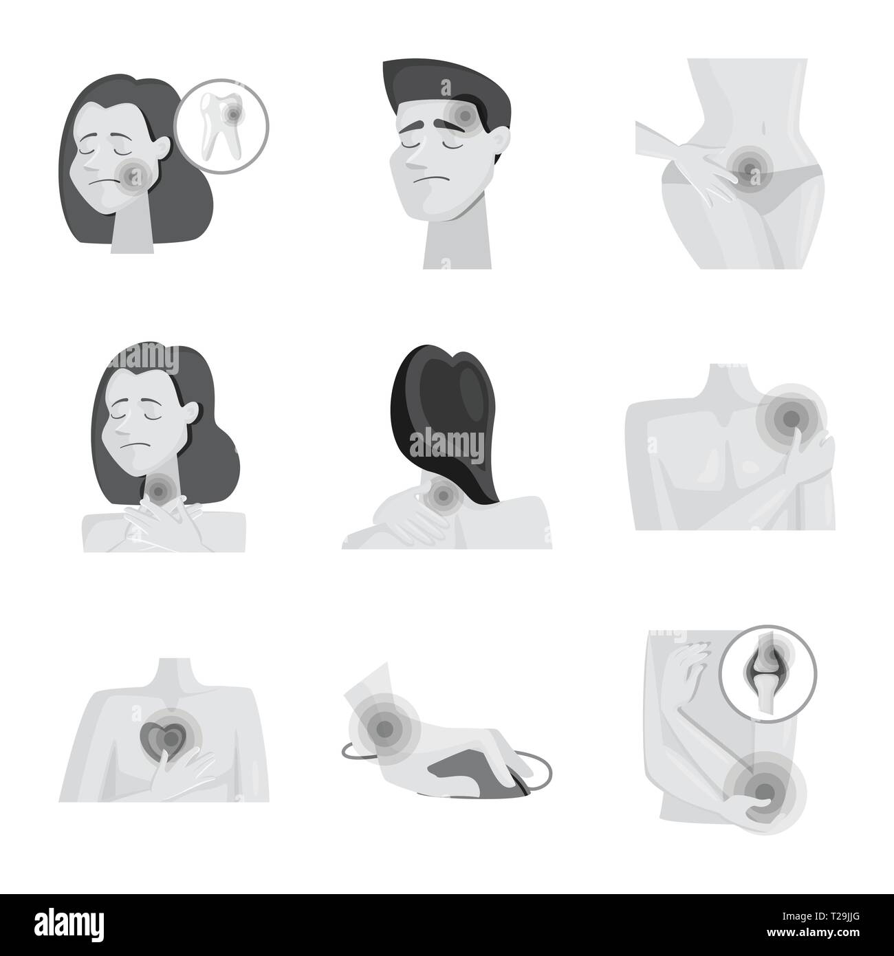 Vector illustration of suffering and injury logo. Set of suffering and ...