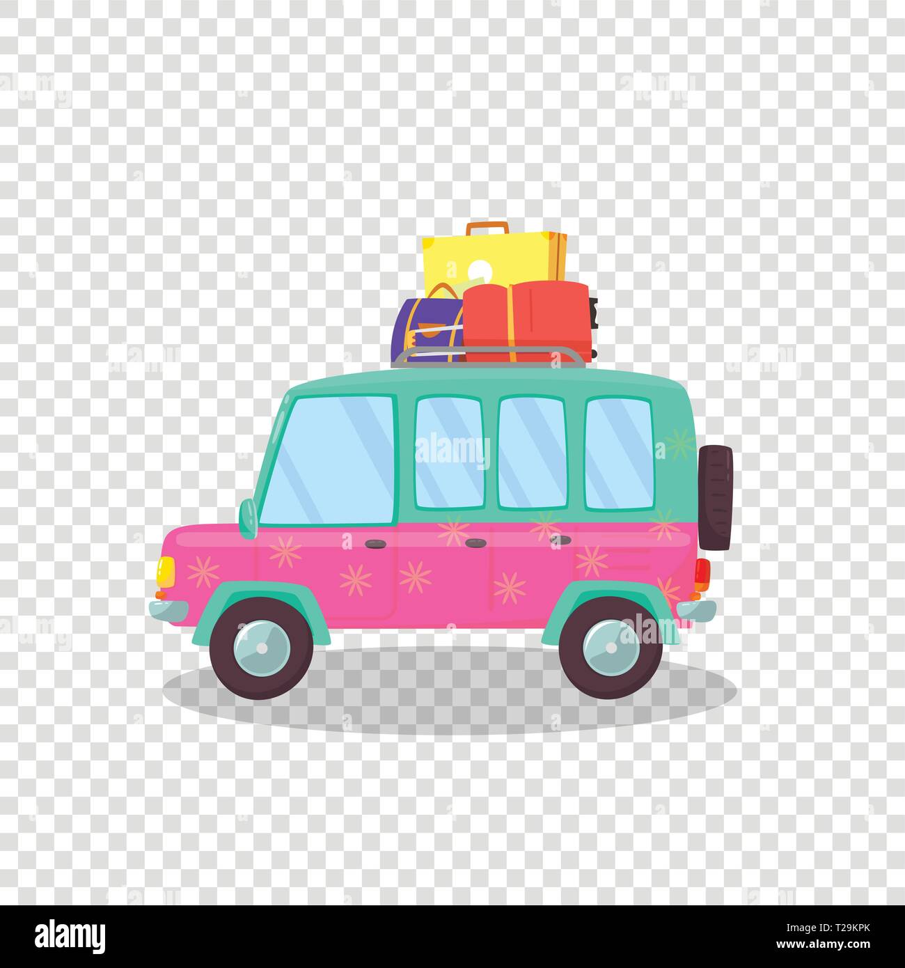 Pink, Green Modern Car with Spacious Trunk and Luggage on Roof Isolated ...