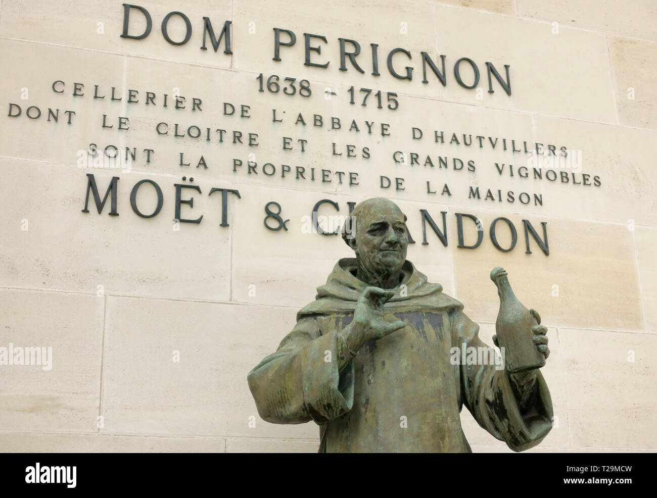 The statue of the monk Dom Perignon outside Moet &Chandon chateau ...